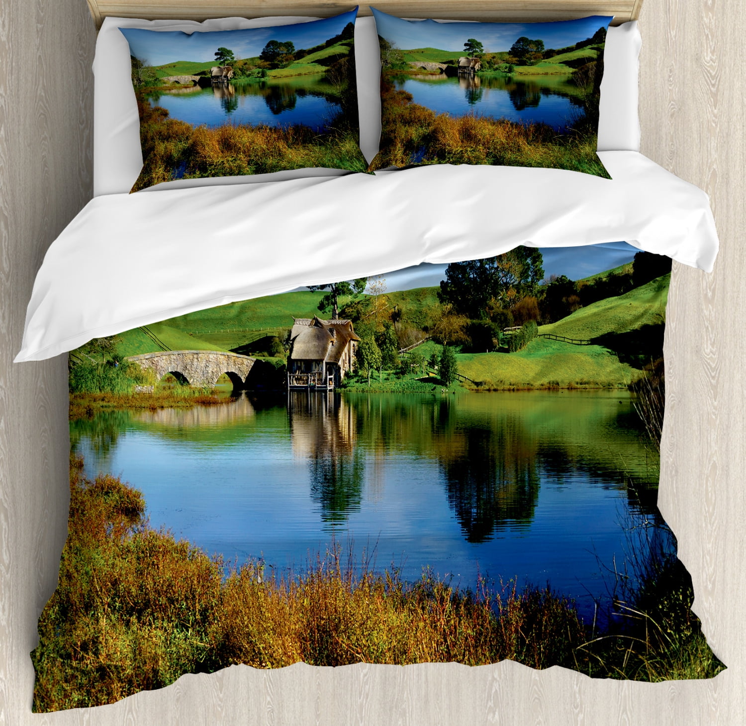 Hobbits Queen Size Duvet Cover Set, Hobbit Land Village House by Lake ...
