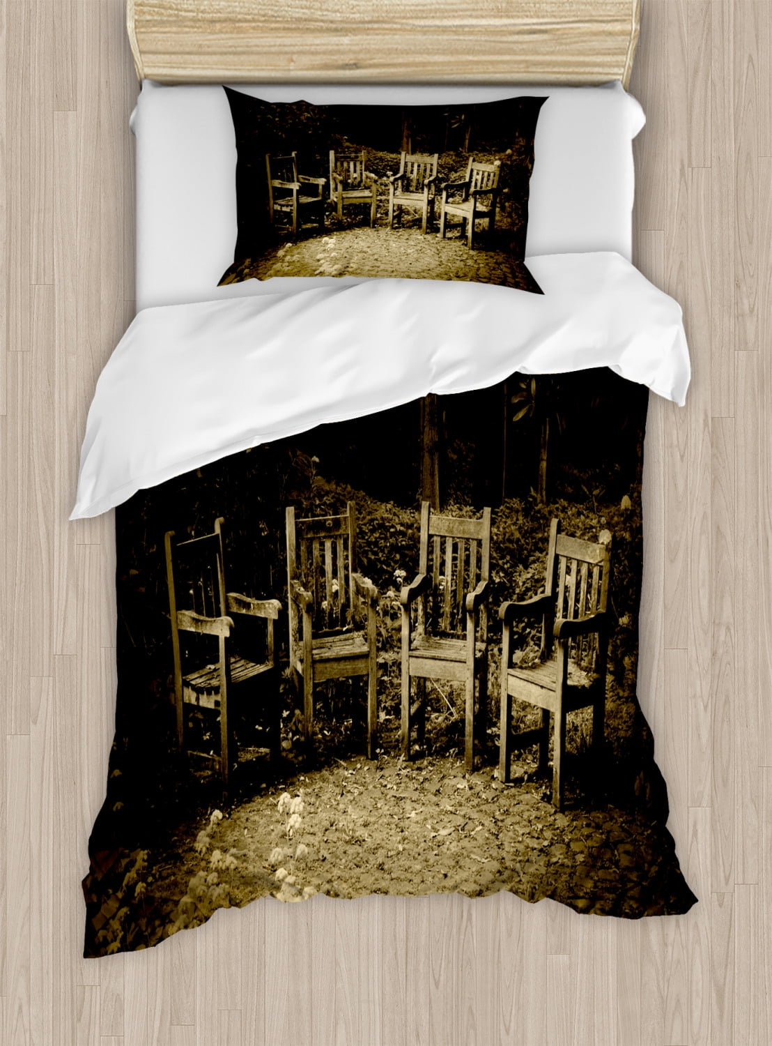 Hobbits Twin Size Duvet Cover Set, Four Small Wooden Rustic Chairs in ...