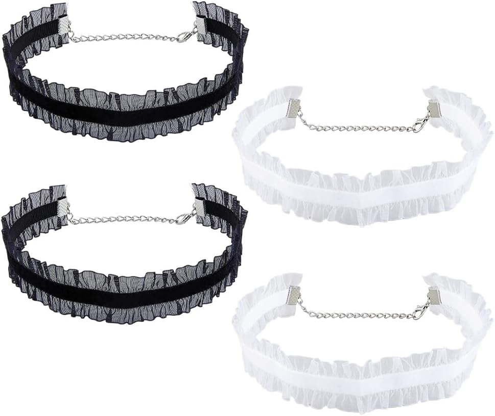 Hobbspring 4Pcs 2 Colors Gothic Ruffled Lace Choker Necklaces for Women ...