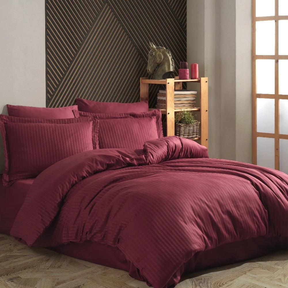 Hobby Striped Claret Red - Double Jacquard Satin Duvet Cover Set ...