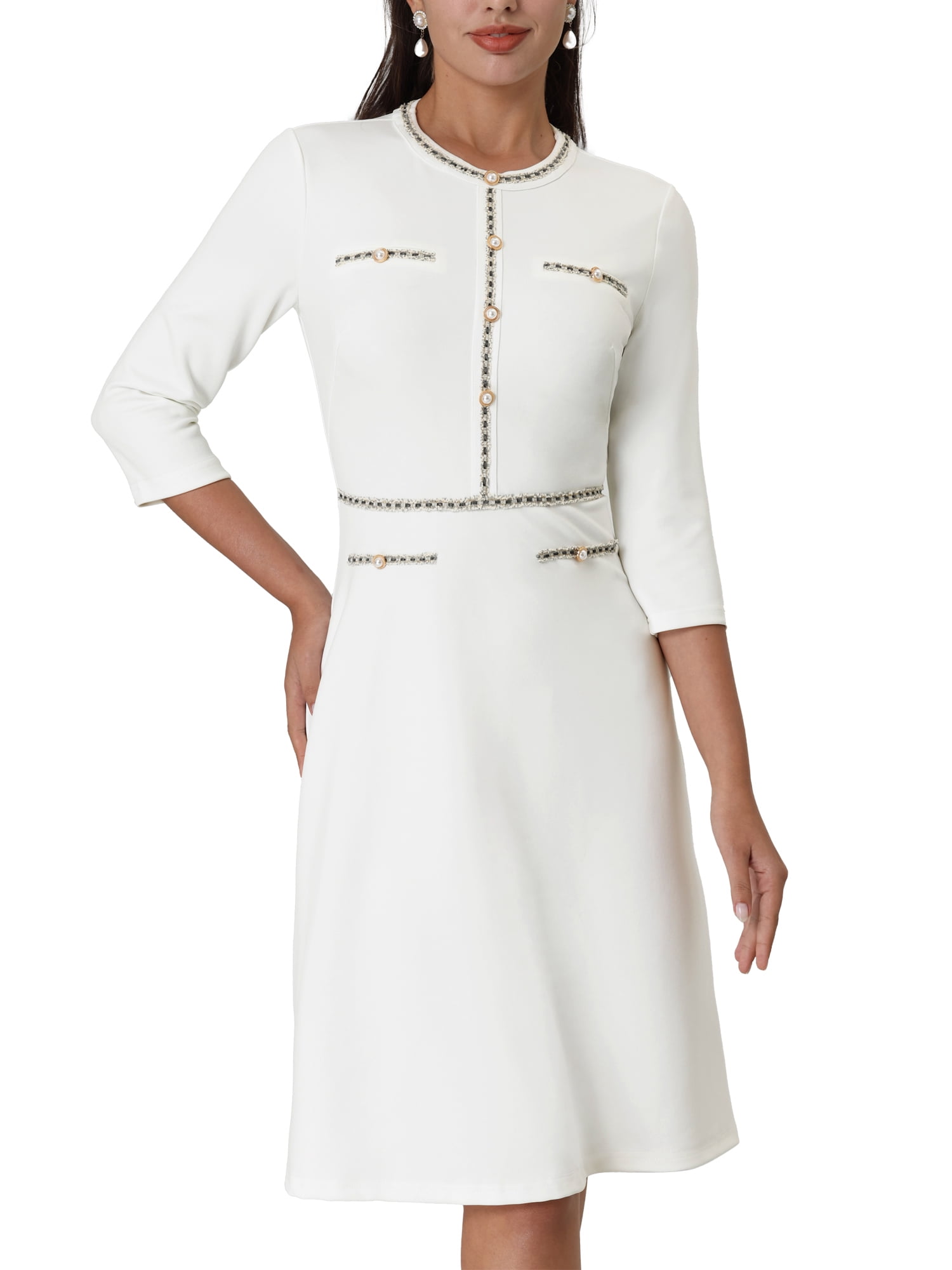 Hobemty Women's Elegant A-Line Dress with Tweed Trim, Contrast Color ...