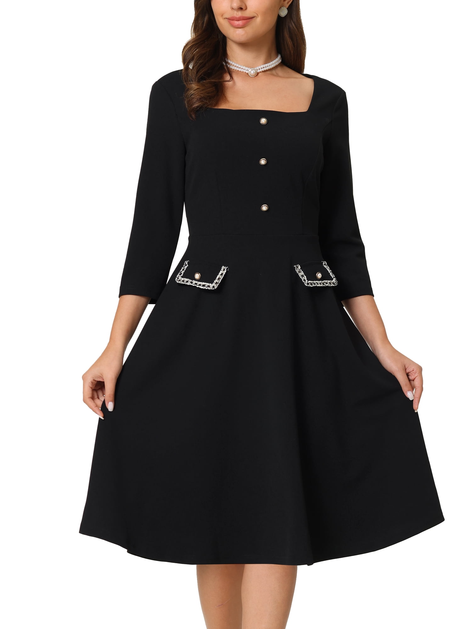 Hobemty Women's A-Line Dress Half Sleeve Button Decor Square Neck Work ...