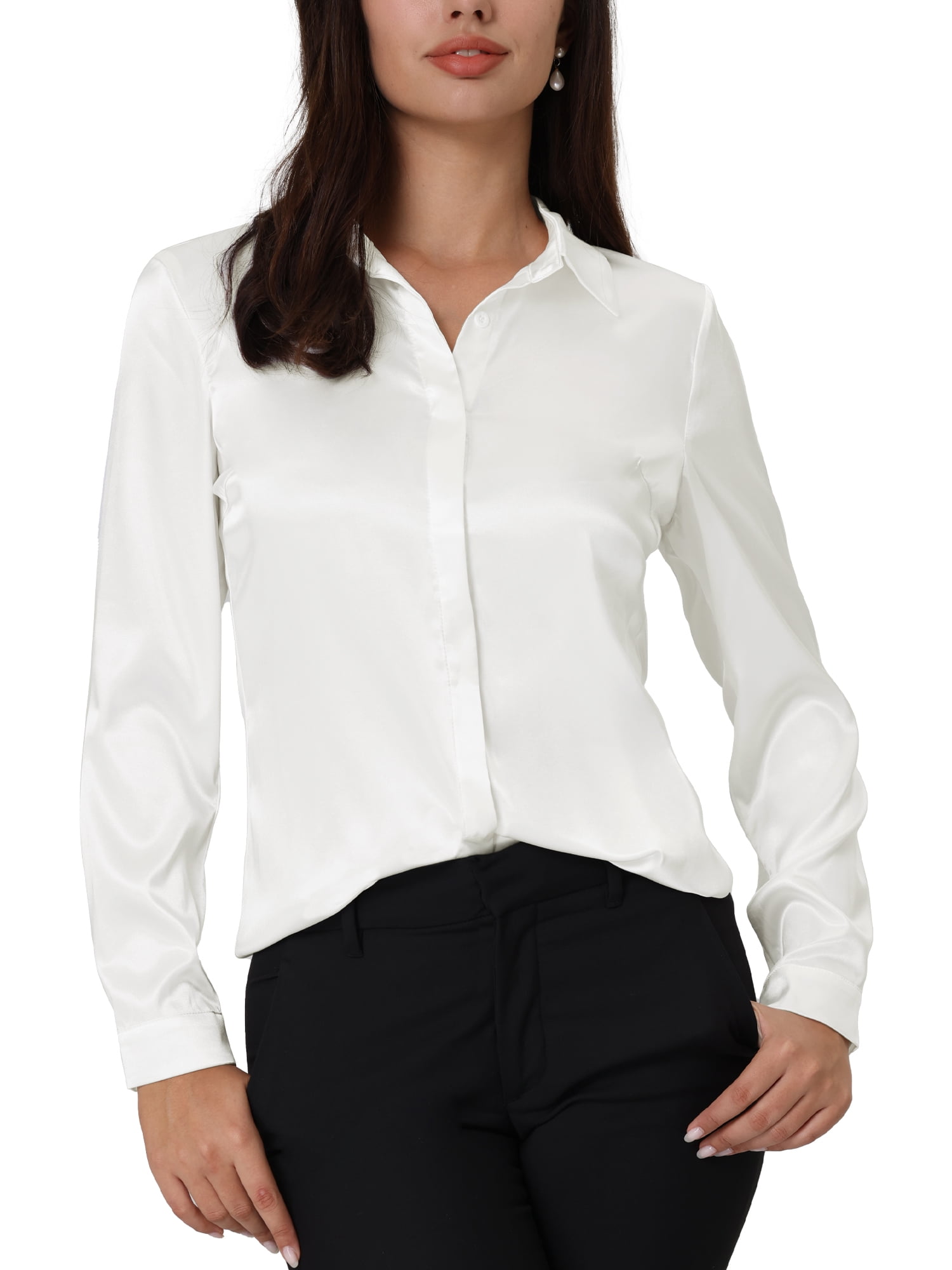 INSPIRE CHIC Women's Satin Blouse Long Sleeve Work Office Button Down ...