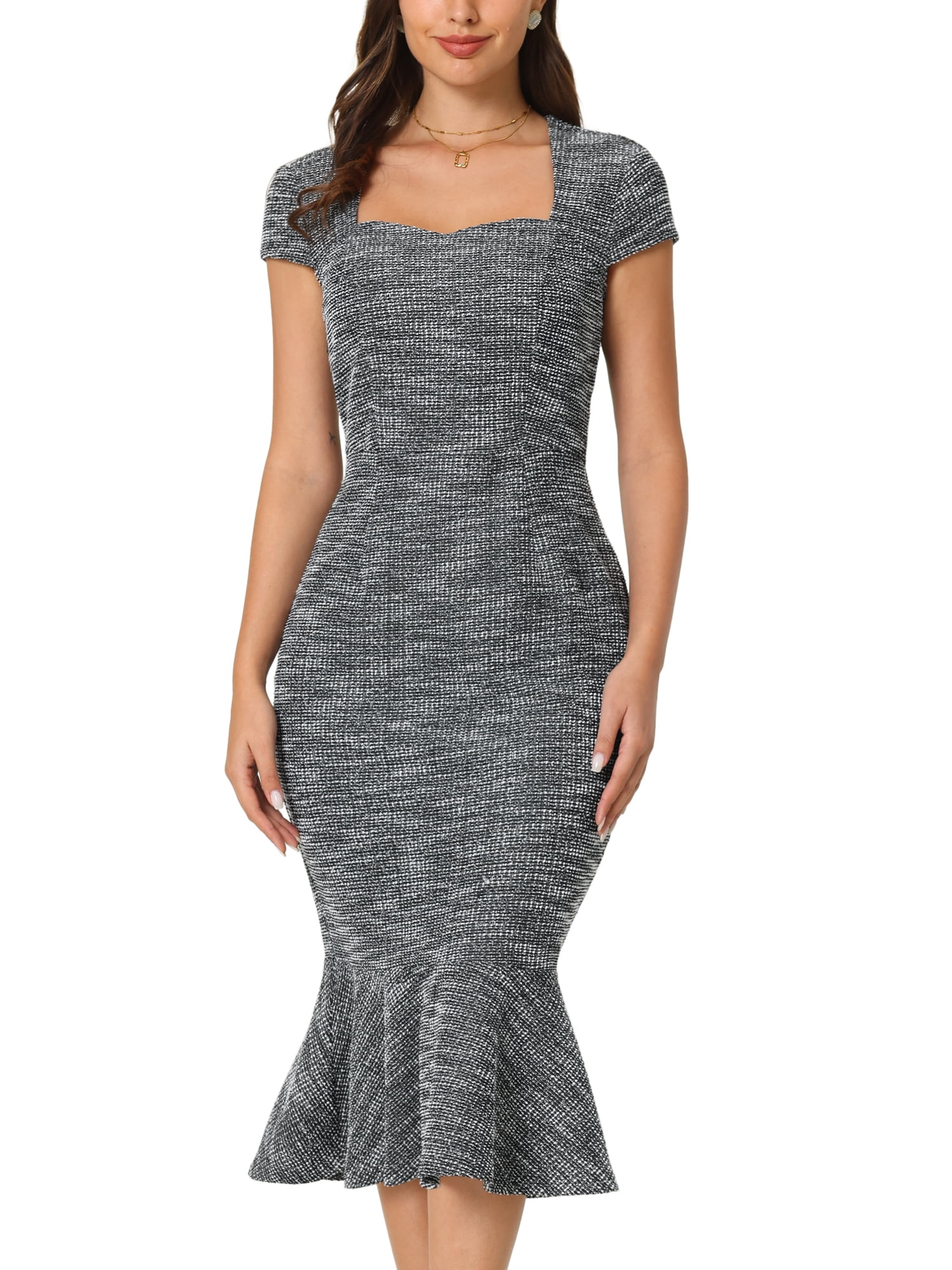 INSPIRE CHIC Women's Tweed Fishtail Midi DressSquare Neck Cap Sleeve ...