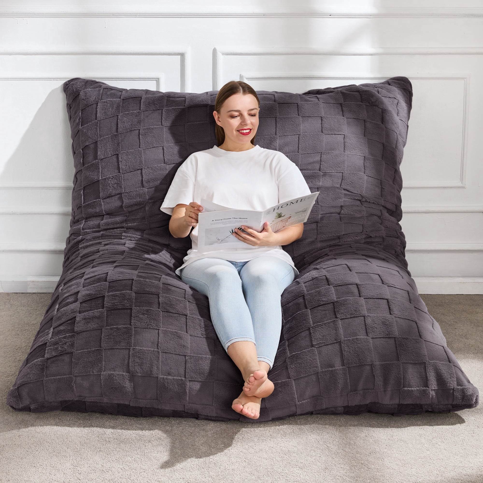 HOBESTLUK, Bean Bag Chair, Plaid Gray, 3 in 1 Giant Floor Cushion ...