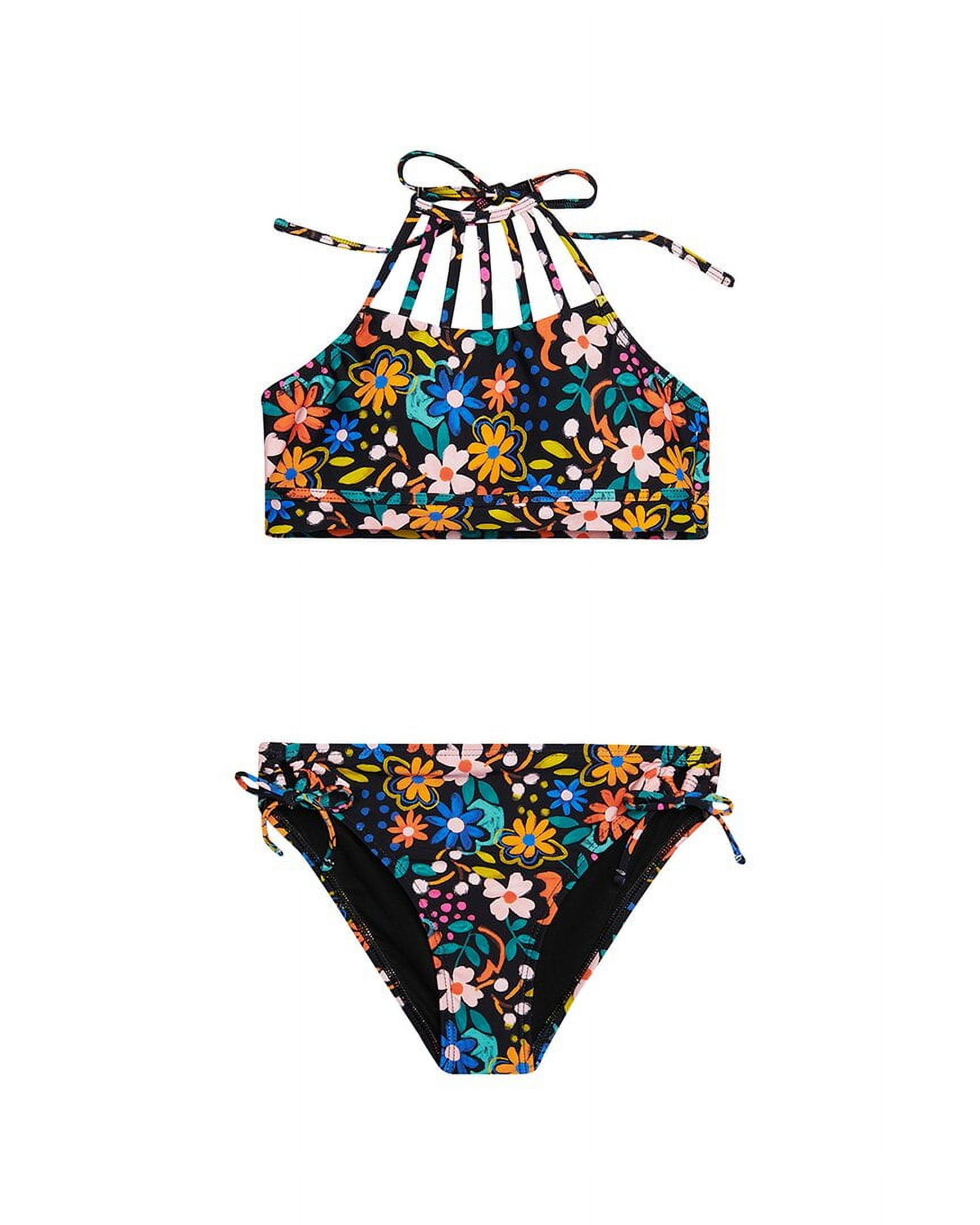 Hobie girls Wild Flower Strappy High-Neck 2pc Swim Set, 14, Black ...