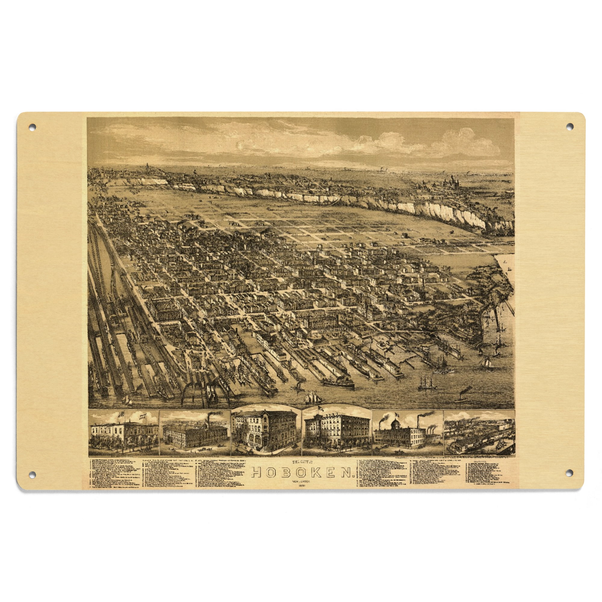 Hoboken, New Jersey, (1881), Panoramic Map Birch Wood Wall Sign (6x9 ...