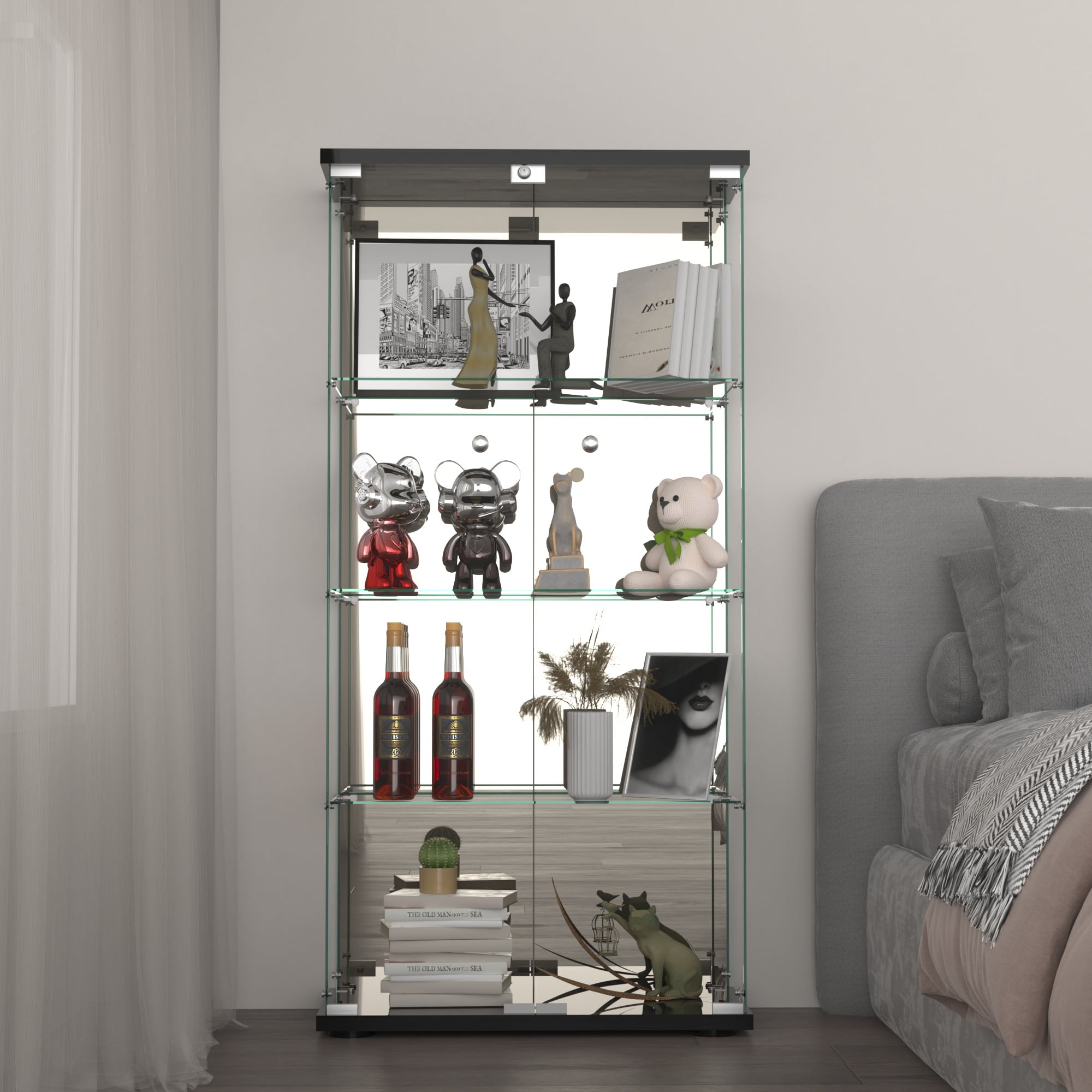 Hoccot 3 Shelf Glass Display Cabinet with 12 Color LED Lights and ...
