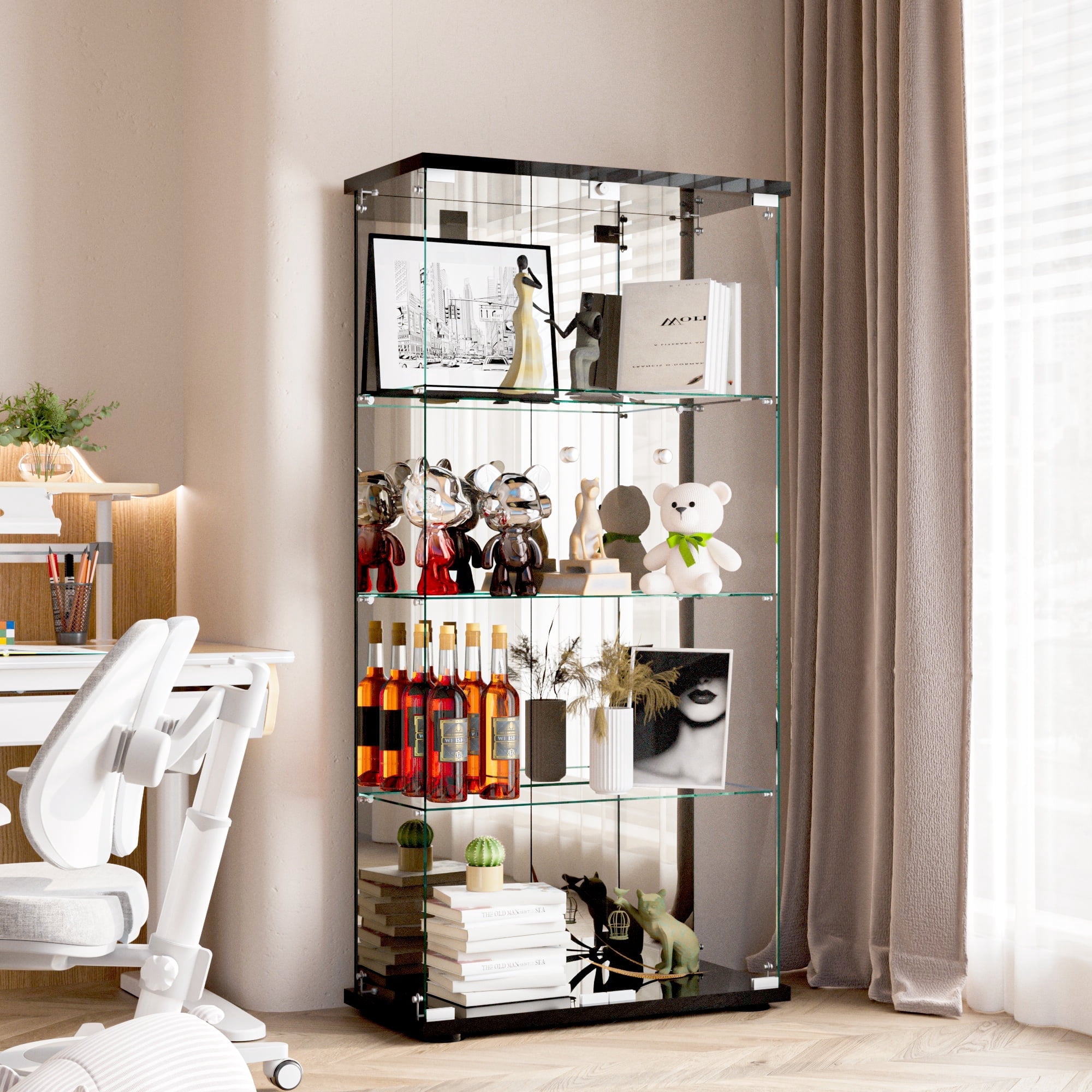 Hoccot 4-Layer Glass Curios Cabinet with Mirrored Back, Home Wine ...