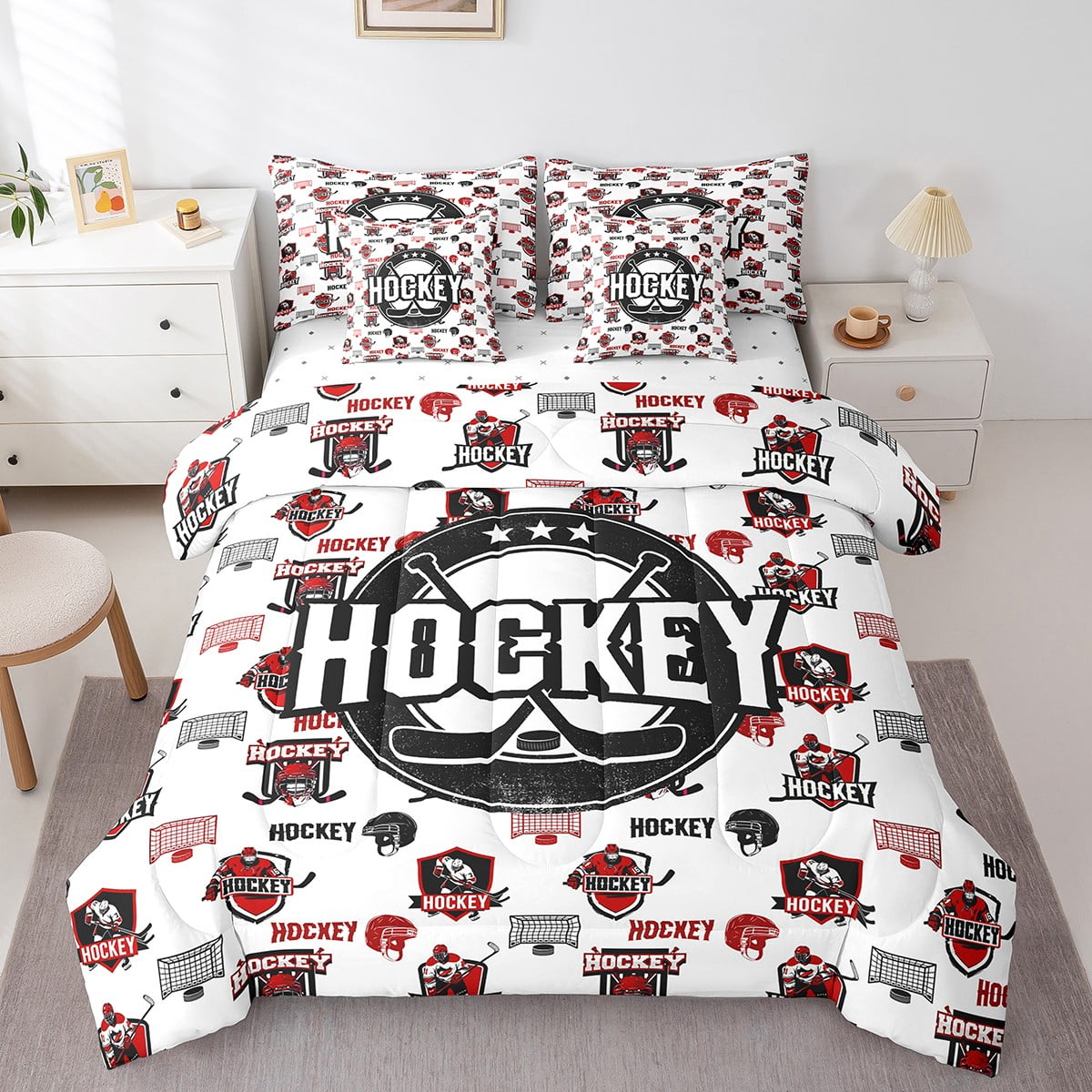 Hockey Bed in a Bag Queen,Red Black Ice Hockey Comforter Set 7 Pieces ...