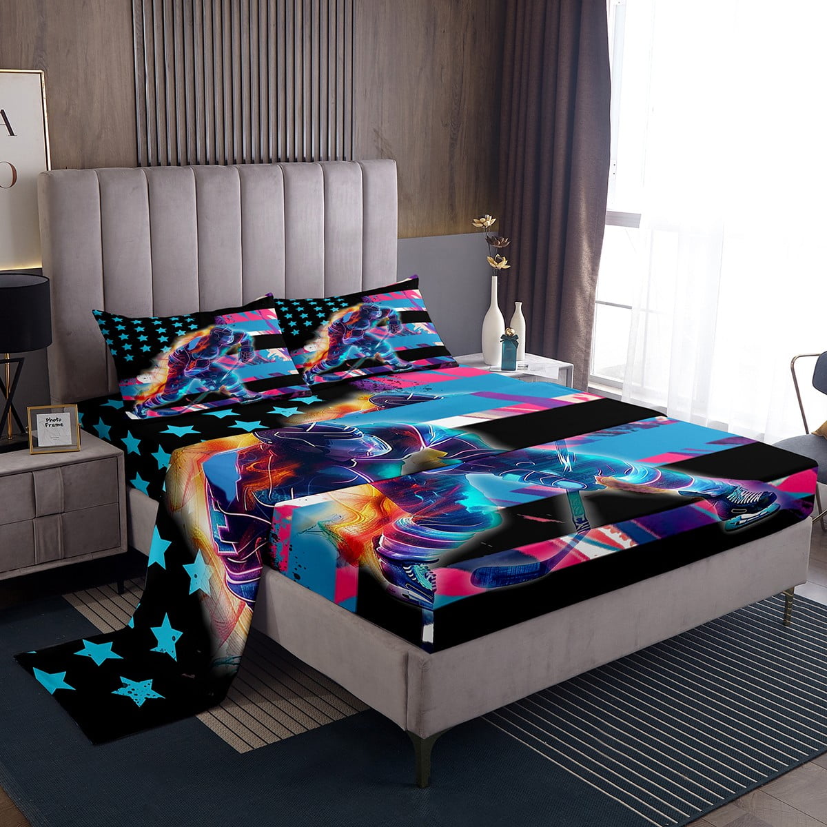 Hockey Bed Sheets Set Lacrosse Sports Ball Sheet Set Full,Vintage Stars ...