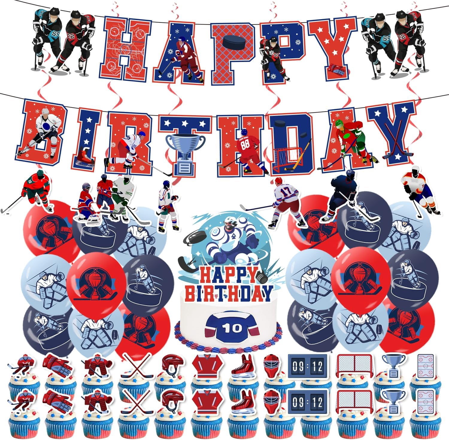 Hockey Birthday Decoration Set, Ice Hockey Sport Happy Birthday Banner ...