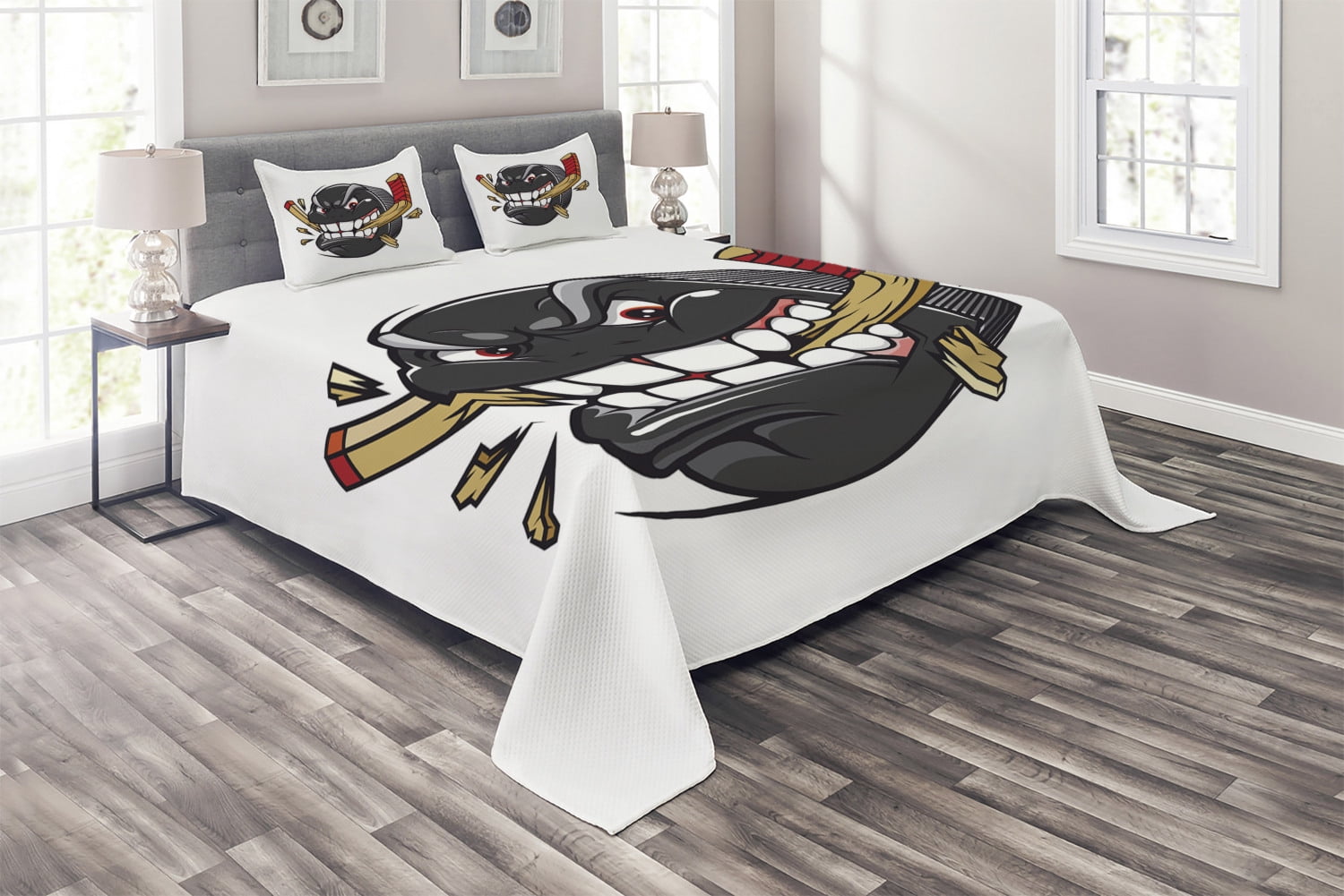 Hockey Coverlet, Cartoon Hockey Puck Bites Breaks Hockey Stick ...
