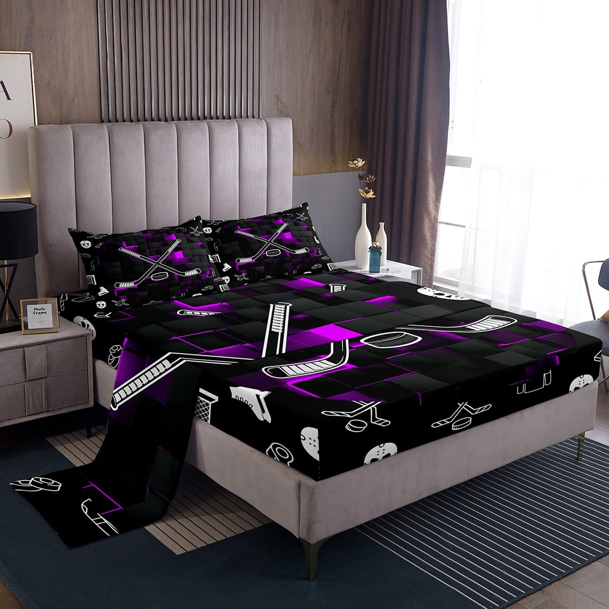 Hockey Bed Sheets Ice Hockey Stick Puck Queen Sheet Set For Teen,Purple ...