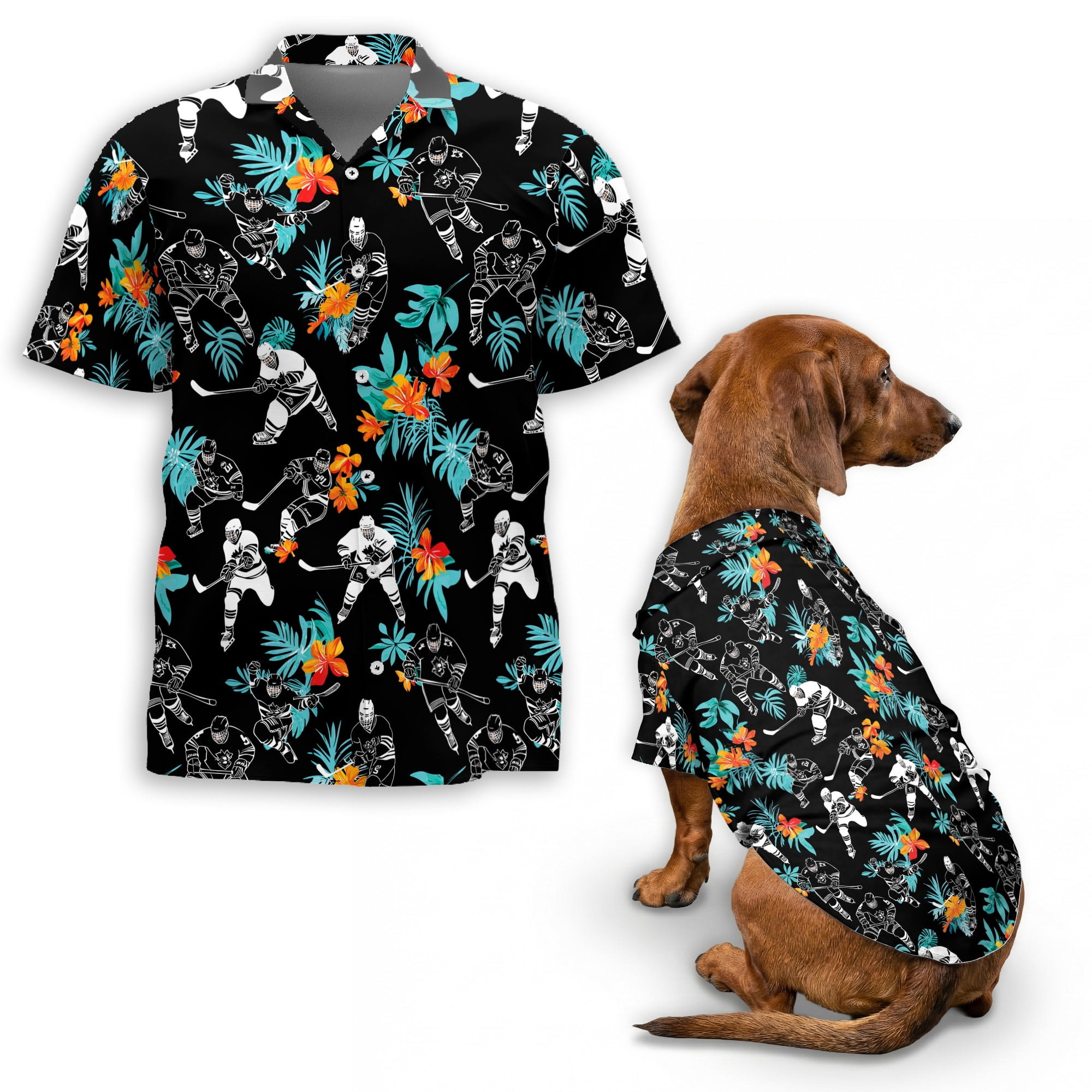 Hockey Player Black Tropical Flower Hawaiian Shirt, Button Down Shirt ...