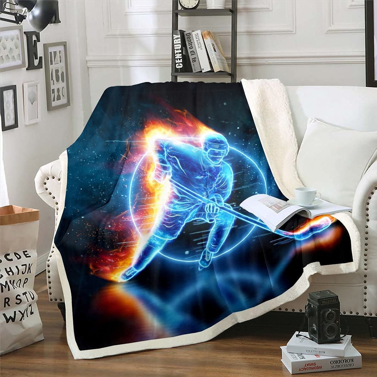 Hockey Player Sherpa Blanket Ice Hockey Fleece Throw Blanket for Kids ...