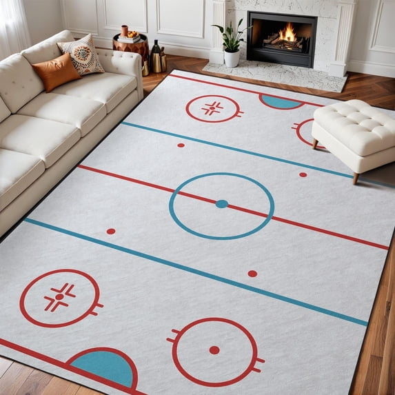 Hockey Rink Area Rug, Ice Field Pattern Carpet, Washable Non Slip Low ...