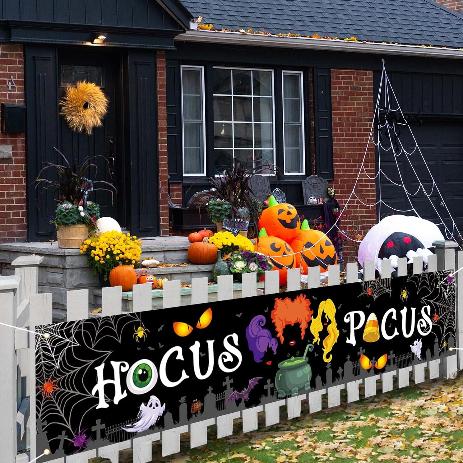 Hocus Pocus Halloween Banner for Fence Spider Webs Tombstones Graveyard ...