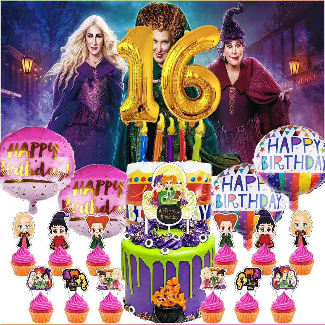 Hocus Pocus Party Supplies Decor 16th Kit Balloons Birthday Cake Topper ...