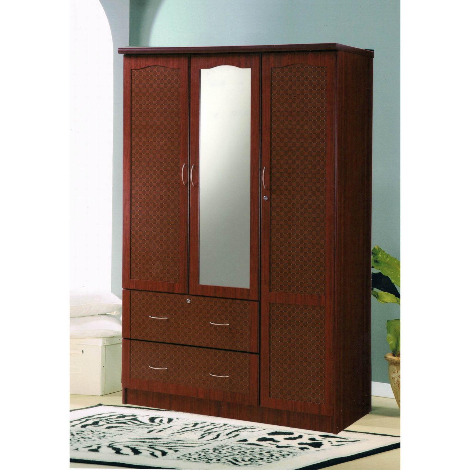 Hodedah Imports 2 Drawer 3 Door Wardrobe with Center Mirror - Walmart.com