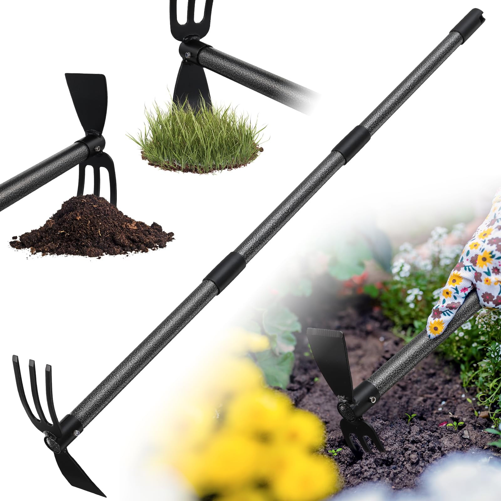 AEASKIEY Garden Hoe, Garden Rake Tool with 45 inch Adjustable Long ...