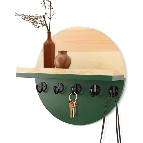 HofferRuffer Wall Key Holder with Shelf, 5 Metal Hooks, Wooden Wall ...