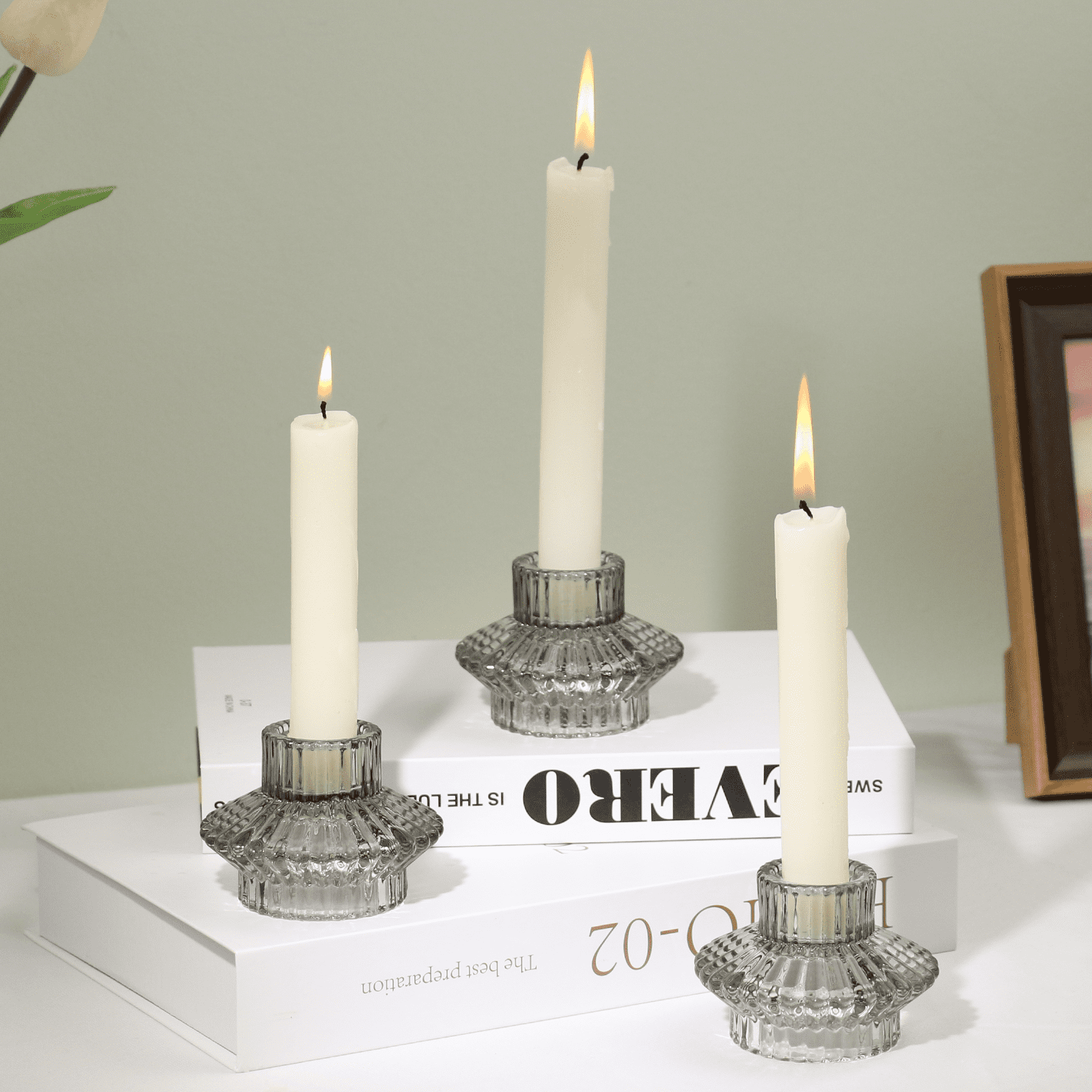 HofferRuffer Set of 3 Glass Candle Holders, Dual-Sided for Taper ...