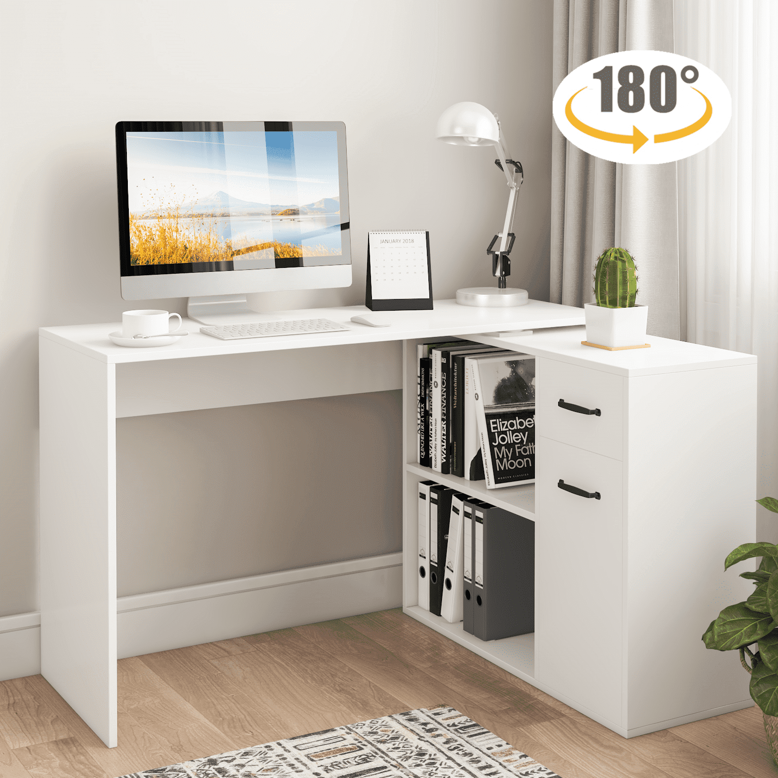 Hoffree 180 Degree Rotating Computer Desk with 2 Open Shelves 68 inch L ...