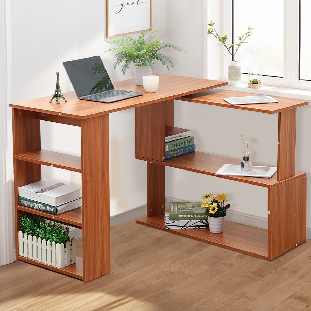 Hoffree 360° Rotating Computer Desk with Storage Large Office Desk with ...