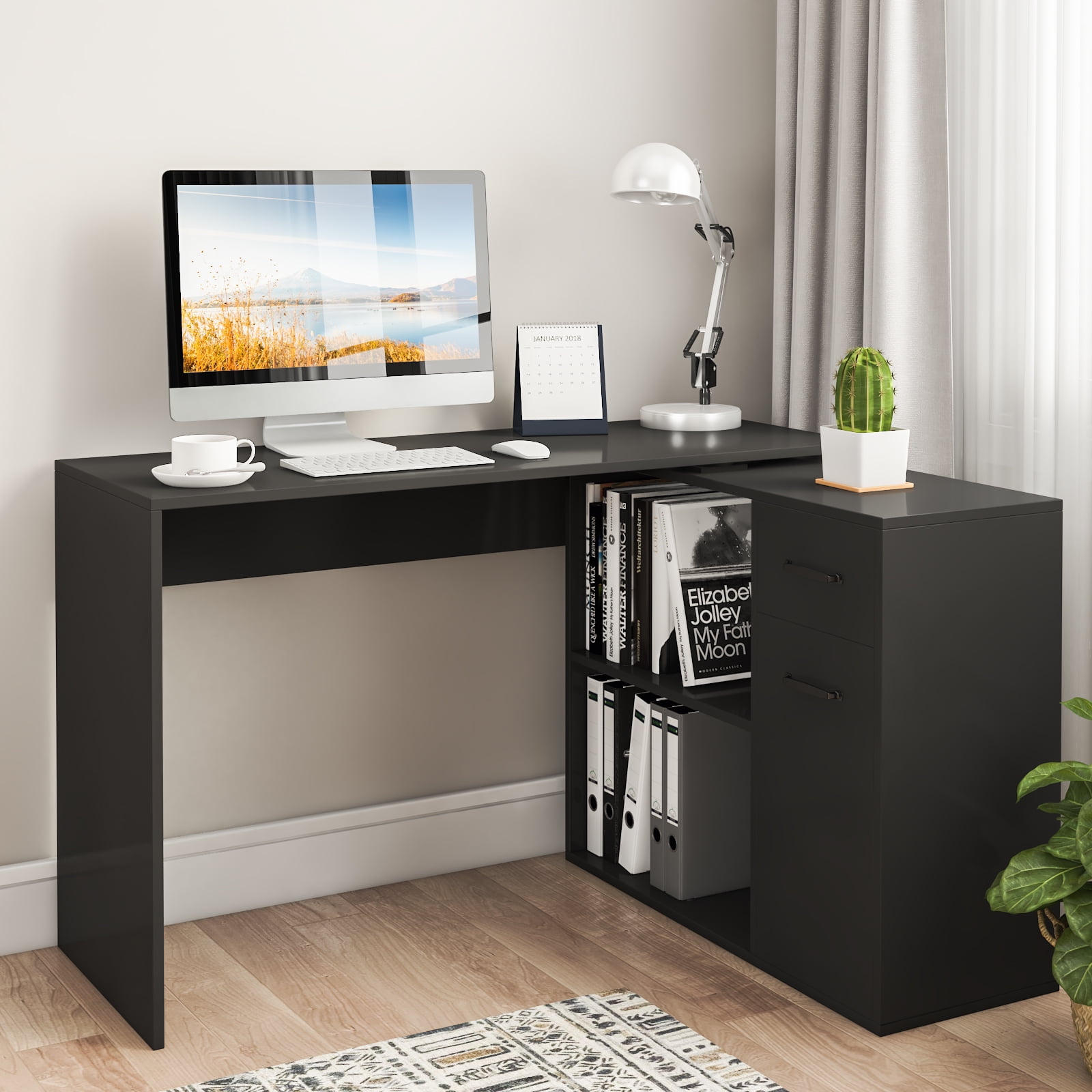 Hoffree Computer Desk with Drawers & File Cabinet L Shaped Desk with ...