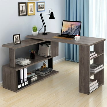 "HomCom 55"" Rotating L-Shaped Corner Desk with 3-Tier Storage Shelves ...