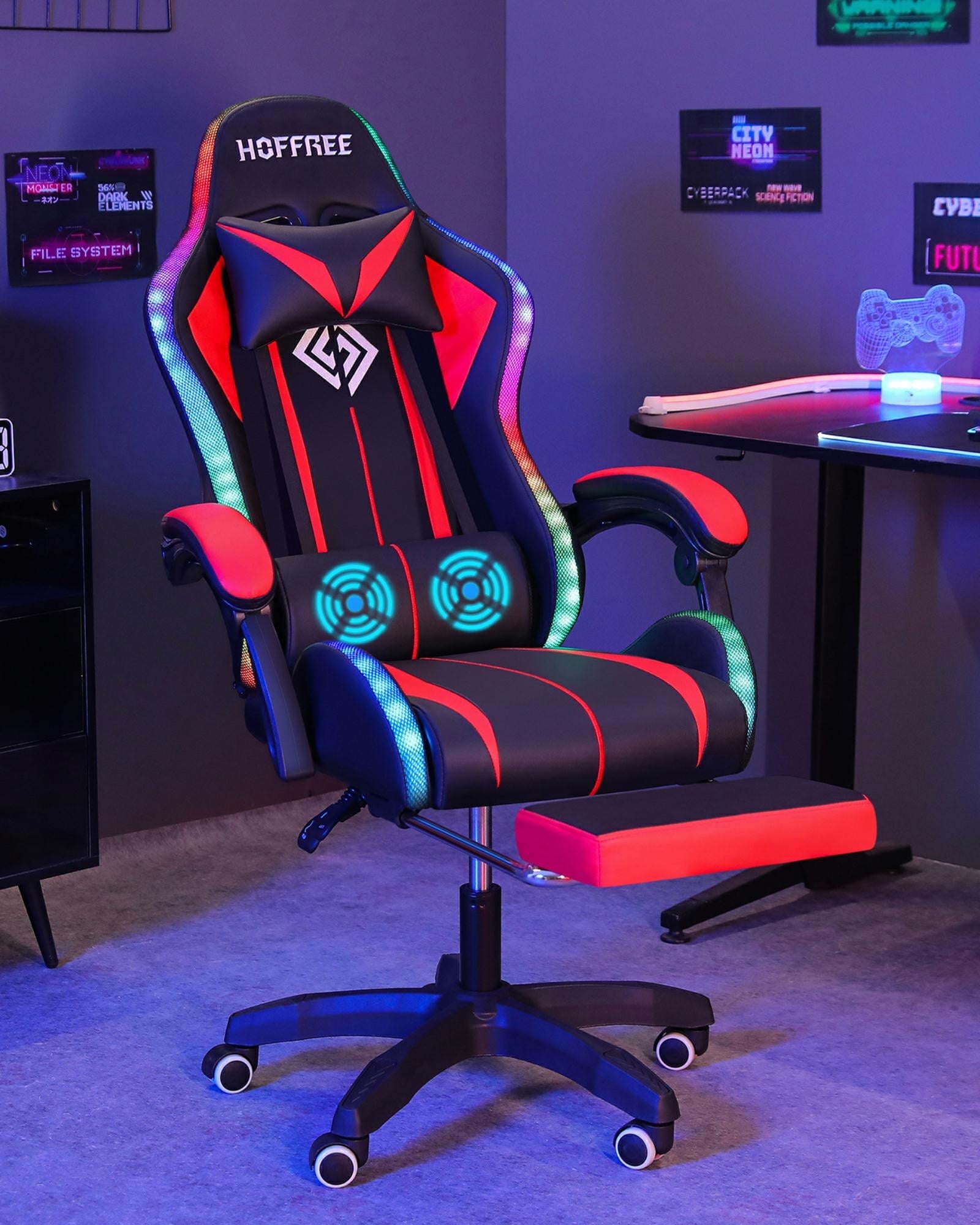 Hoffree Ergonomic Gaming Chair with Massage, Footrest, LED, Adjustable ...