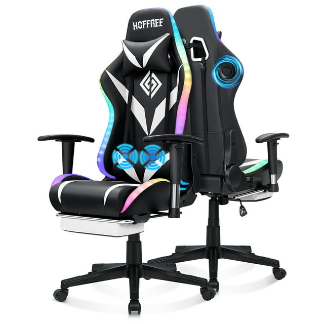 Hoffree Gaming Chair with Speakers, Bluetooth, Massage, Footrest, LED ...