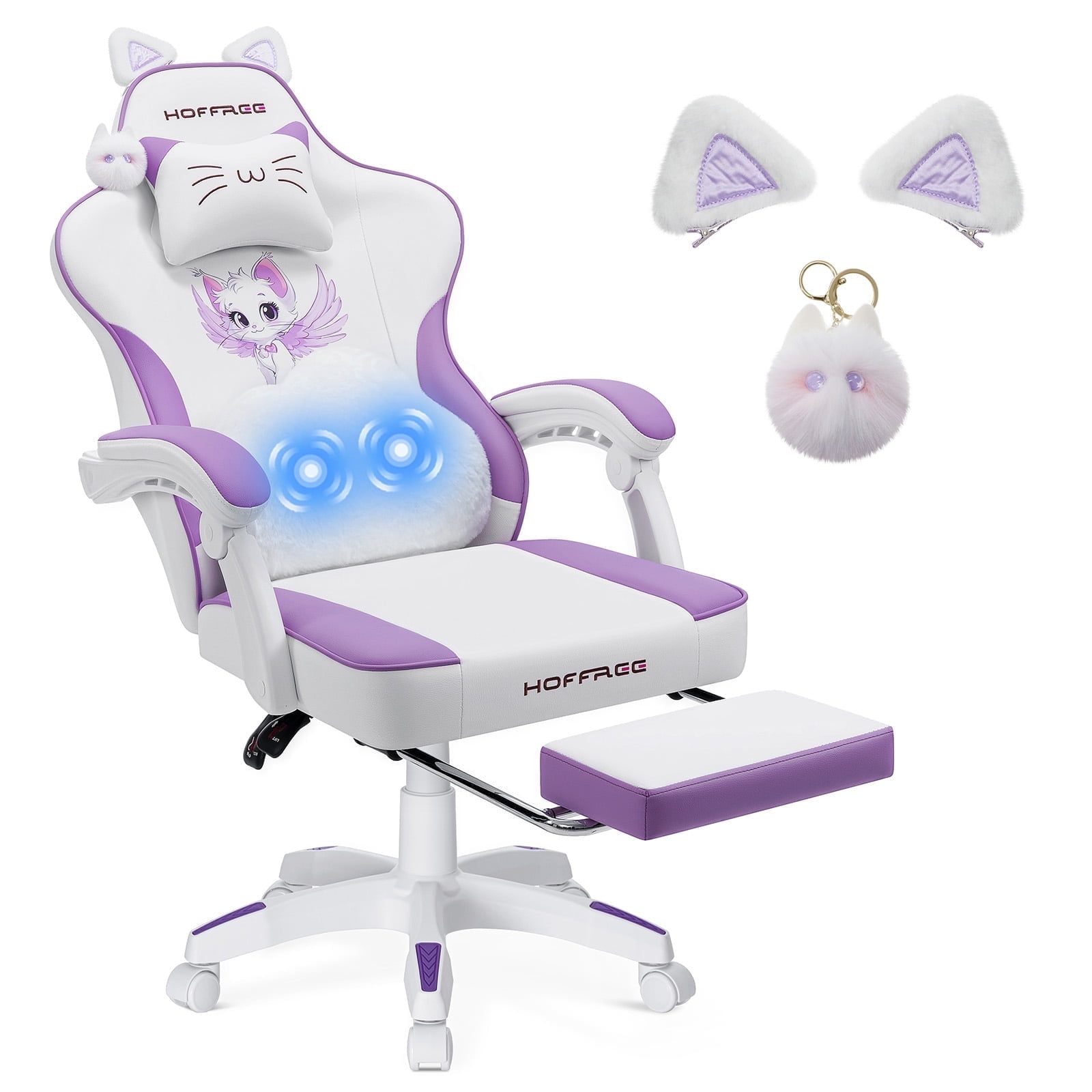HOFFREE Gaming Chair for Girls with Cat Ears and Cloud Massage Lumbar ...