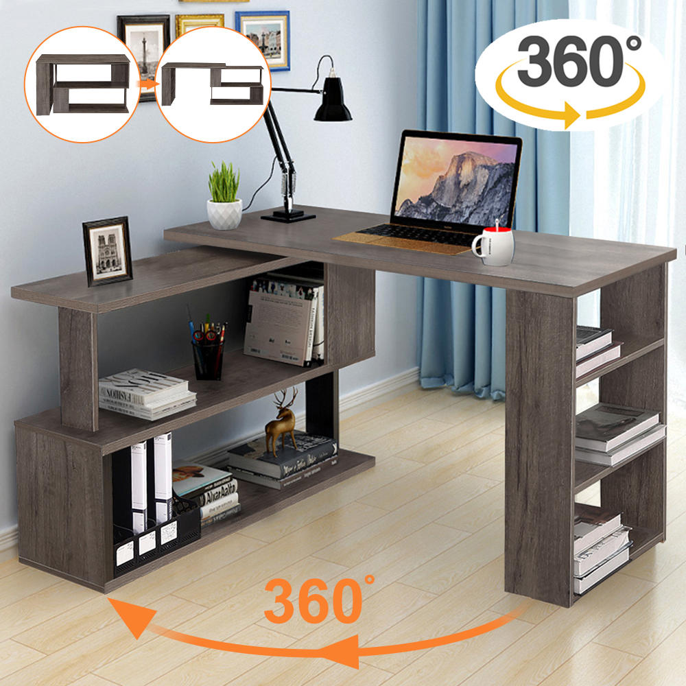 HomCom L-Shaped Rotating Computer Desk with Storage Shelves Rolling ...