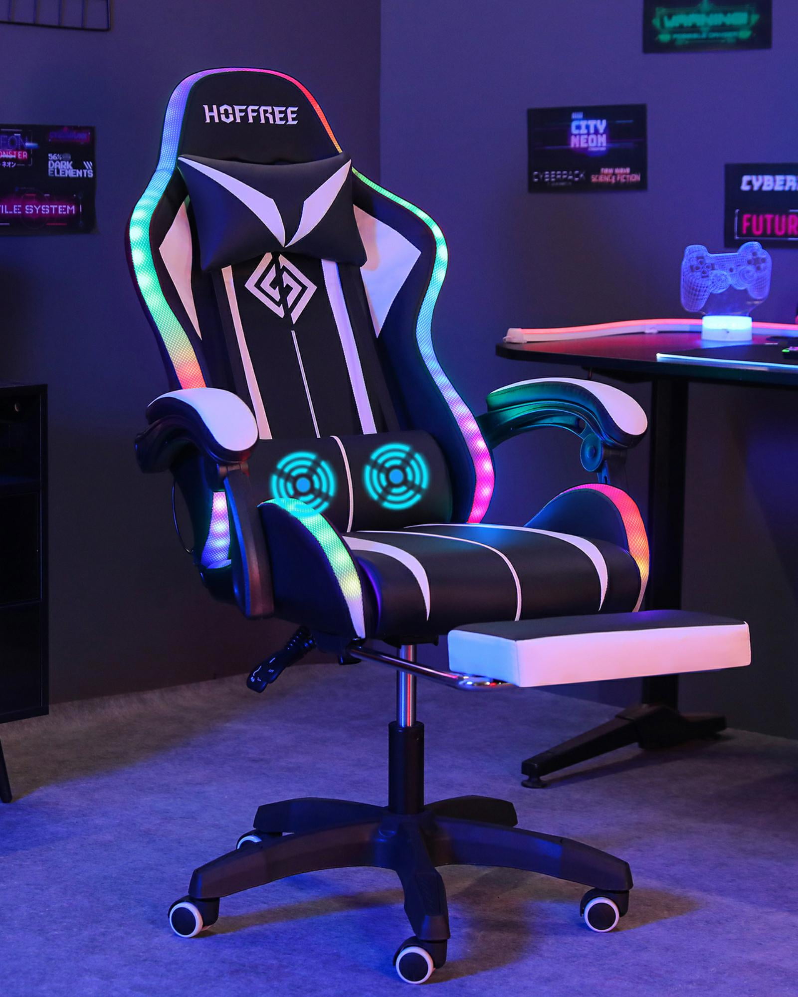 Hoffree RGB LED Gaming Chair, High-Back, Faux Leather Material ...