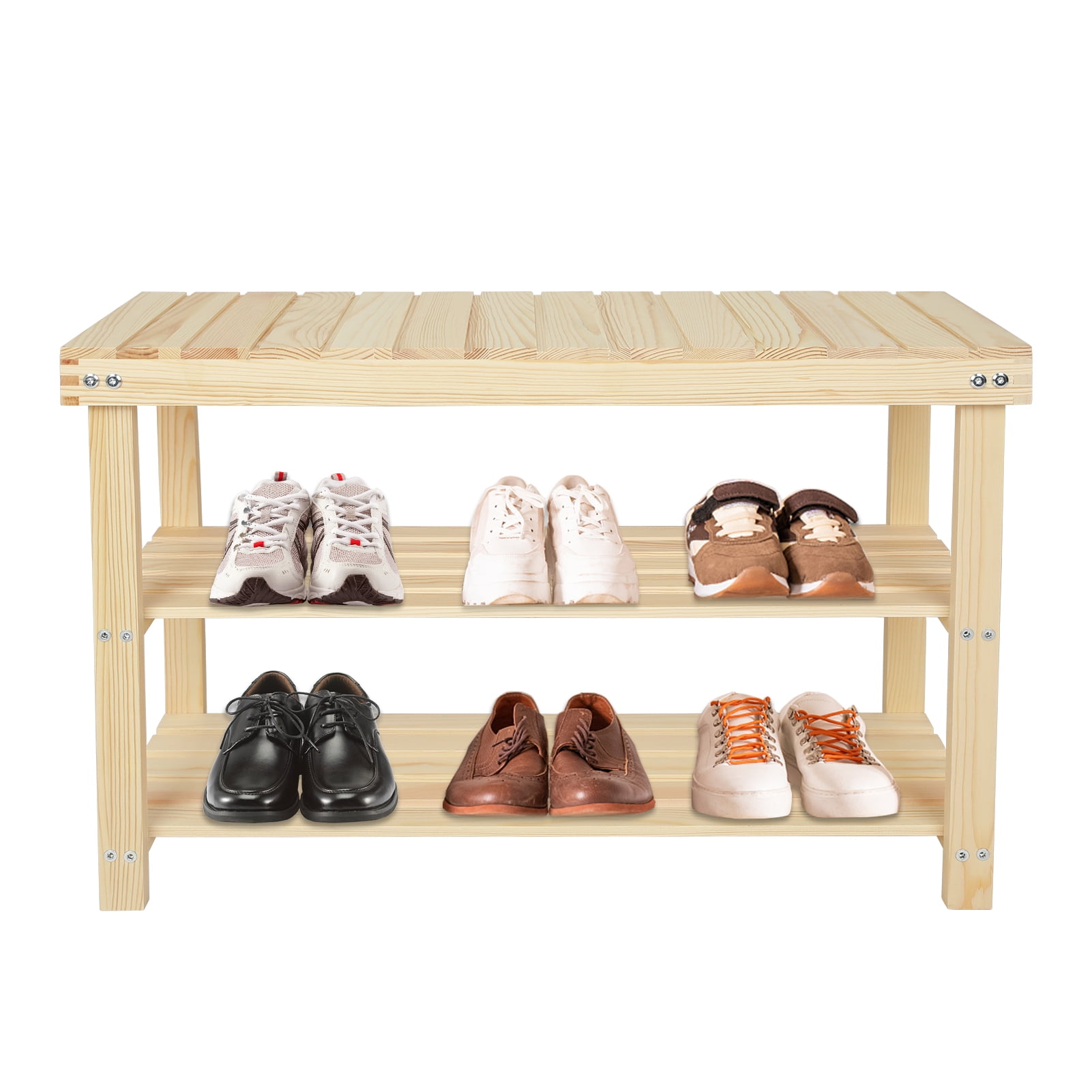 Babion 27.5" Solid Wood Shoe Rack Bench, 3-Tier Shoe Organizer for ...