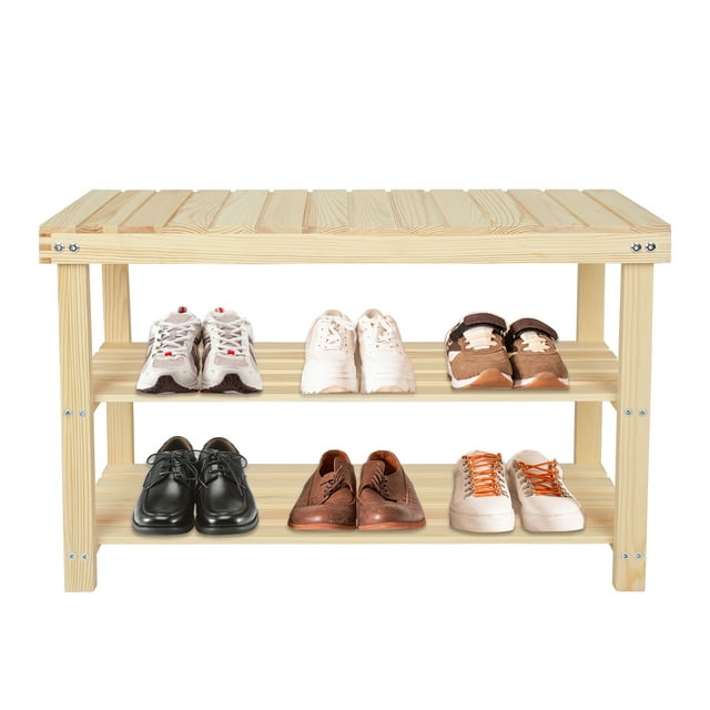 Hofitlead 27.5" Shoe Rack Solid Wood Shoe Bench, 3-Tier Shoe Organizer ...
