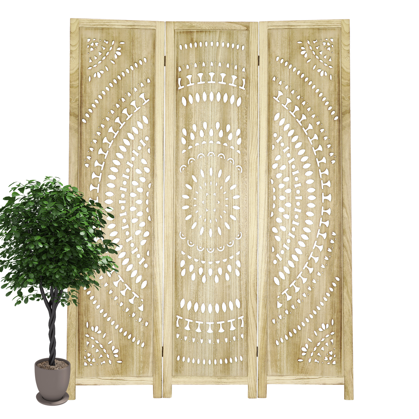 DecMode 60" x 69" White Wood Floral Handmade Hinged Foldable Partition ...