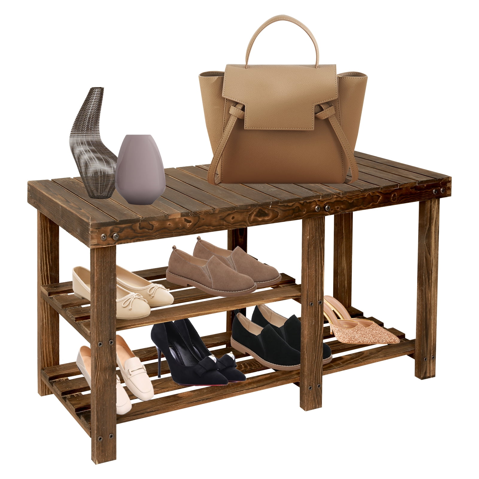 Hofitlead Wooden Shoe Rack Bench, 3-Tier Front Entry Seat Stand, Solid ...