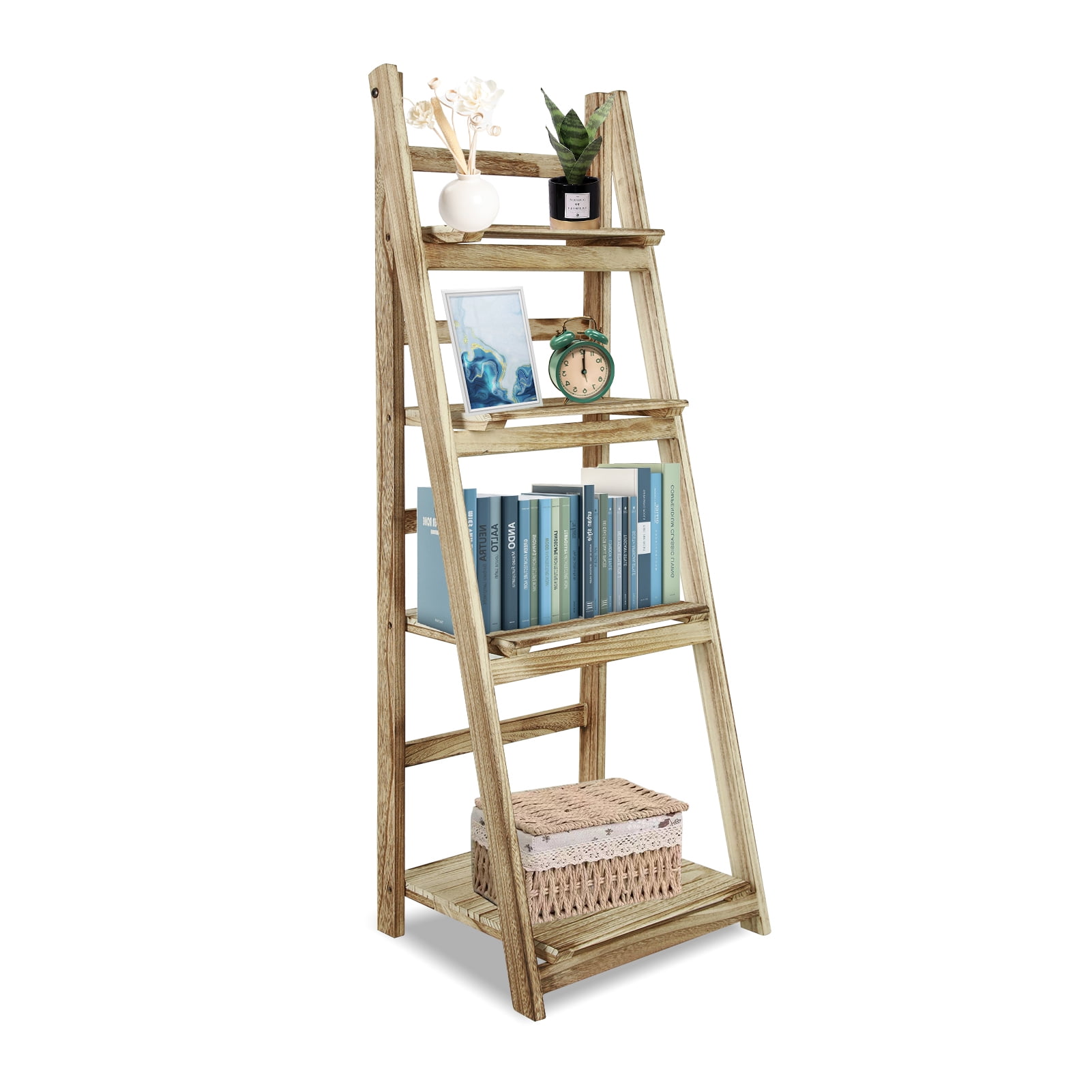Hofitlead 4 Tier Ladder Shelf,Foldable Storage Rack,Wooden Bookshelf ...