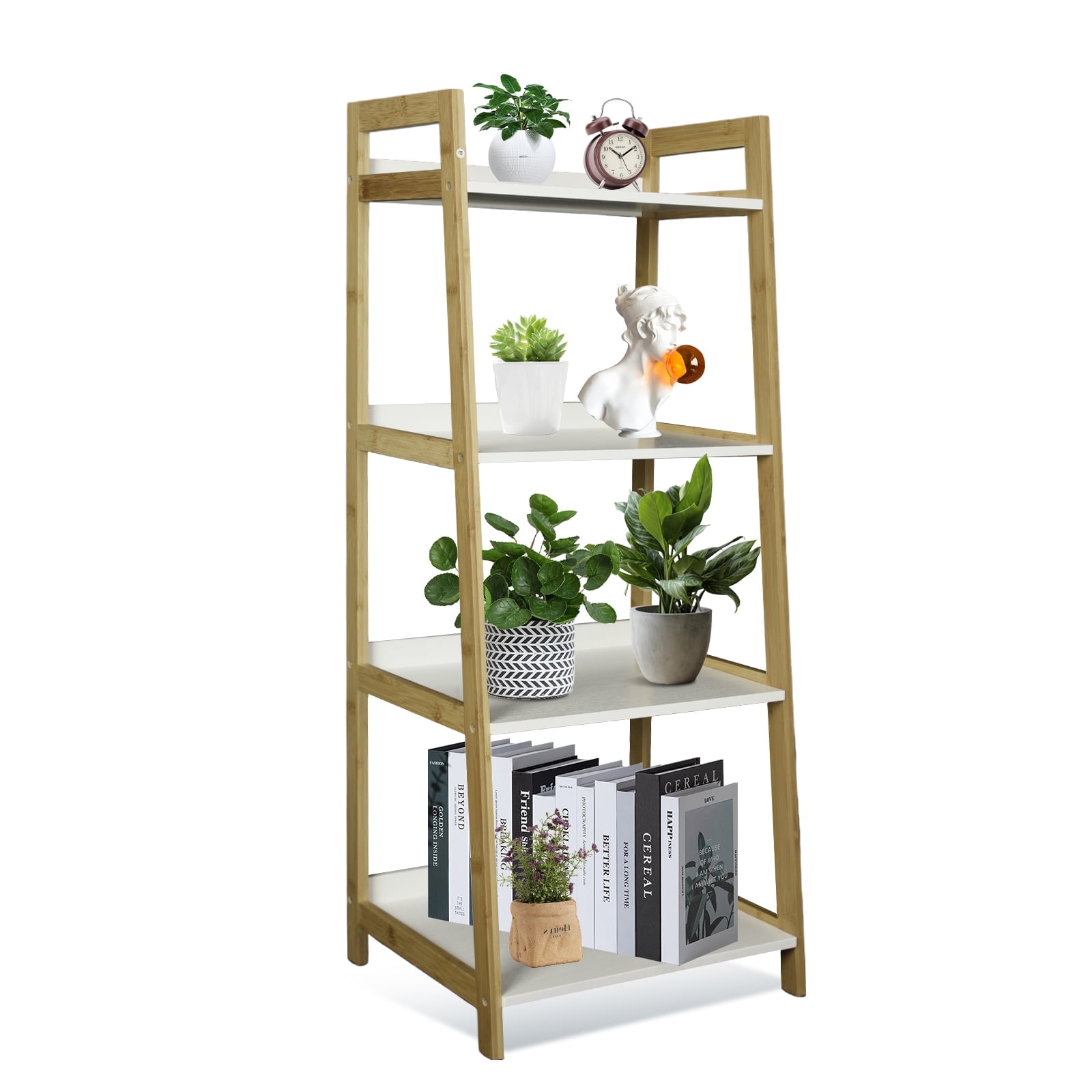 Hofitlead Wood 4-Tier Ladder Shelf Bookcase, Light Brown + White ...