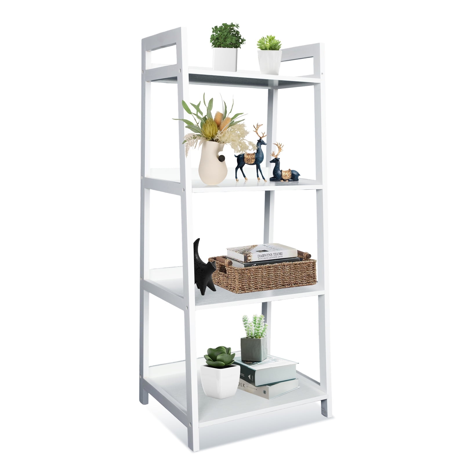 Hofitlead 4-Tier Ladder Shelf, White Wooden Bookcase, Open Storage Rack ...