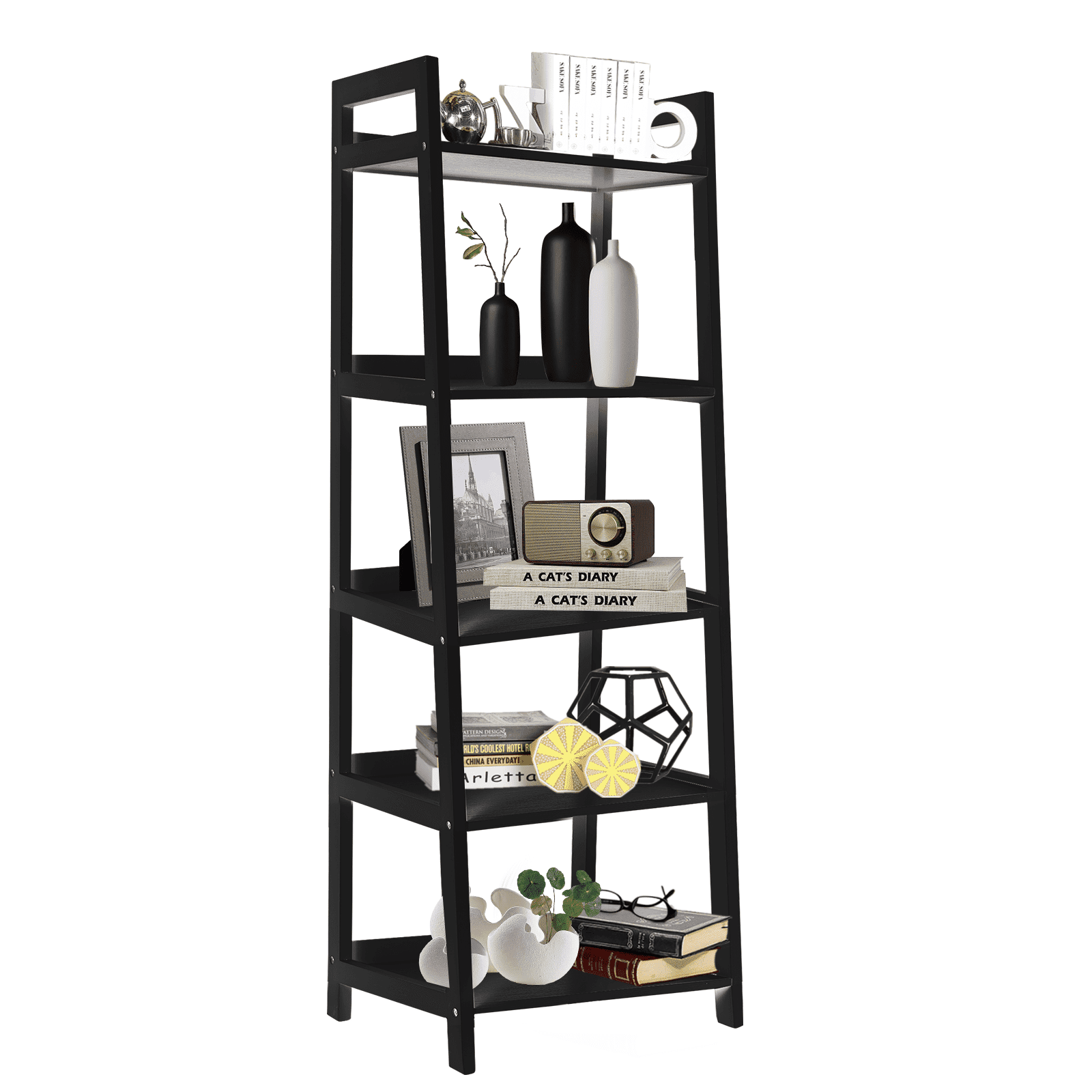 Hofitlead 5-Tier Ladder Shelf, Pine Wood Storage Stand ,Leaning ...