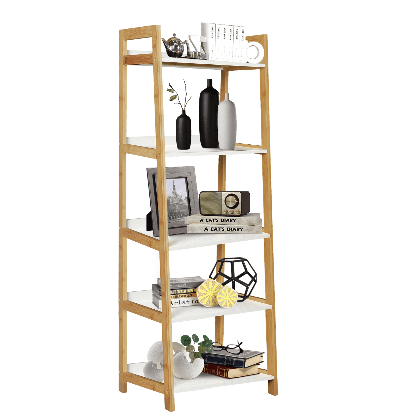 Hofitlead 5-Tier Ladder Shelf, Pine Wood Storage Stand ,Leaning ...