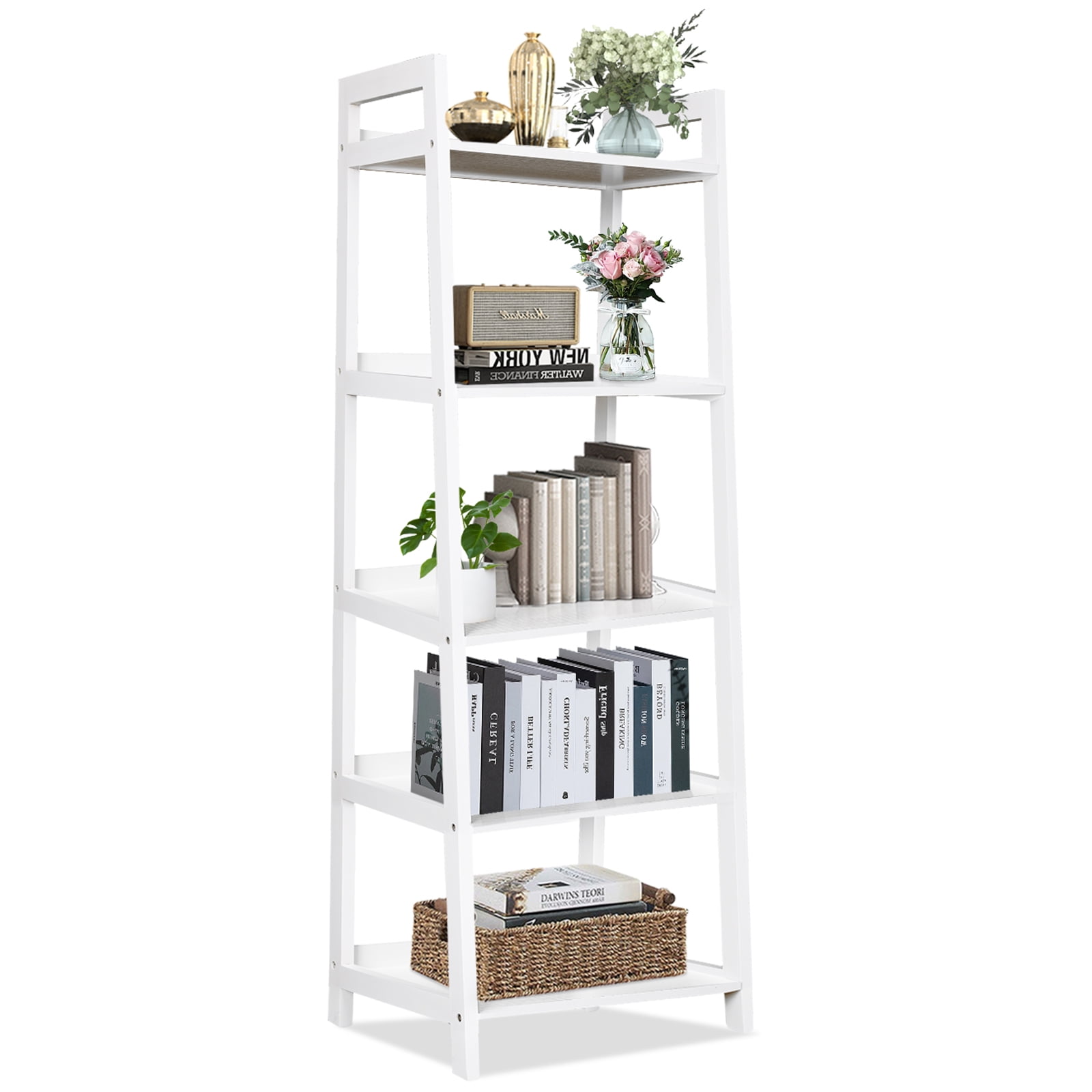 Hofitlead 5-Tier Ladder Shelf, Pine Wood Storage Stand ,Leaning ...