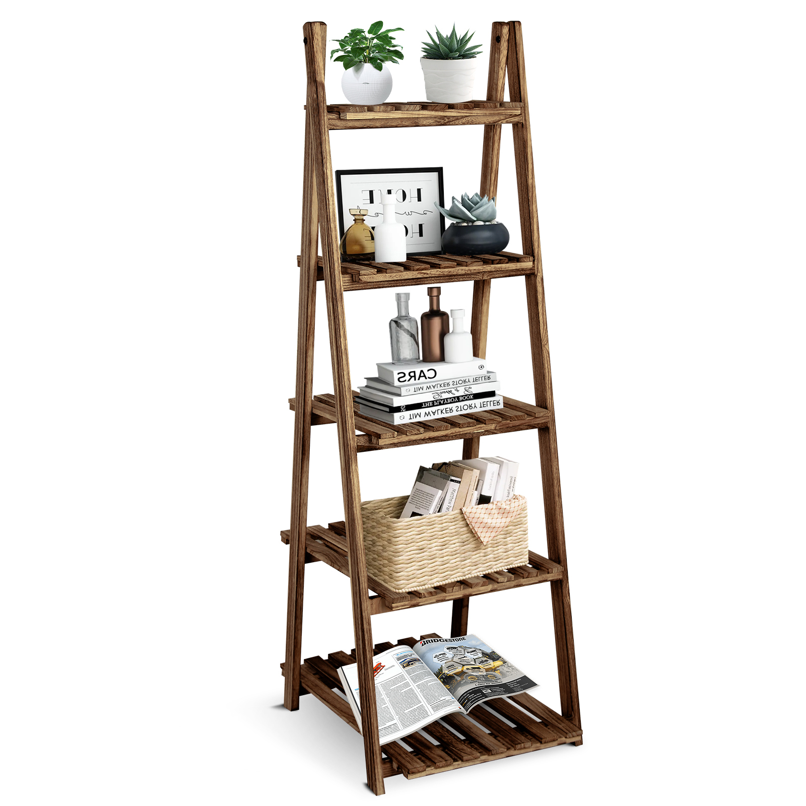 Hofitlead 5 Tier Ladder Shelving Unit, Storage Rack, Wooden Bookcase ...