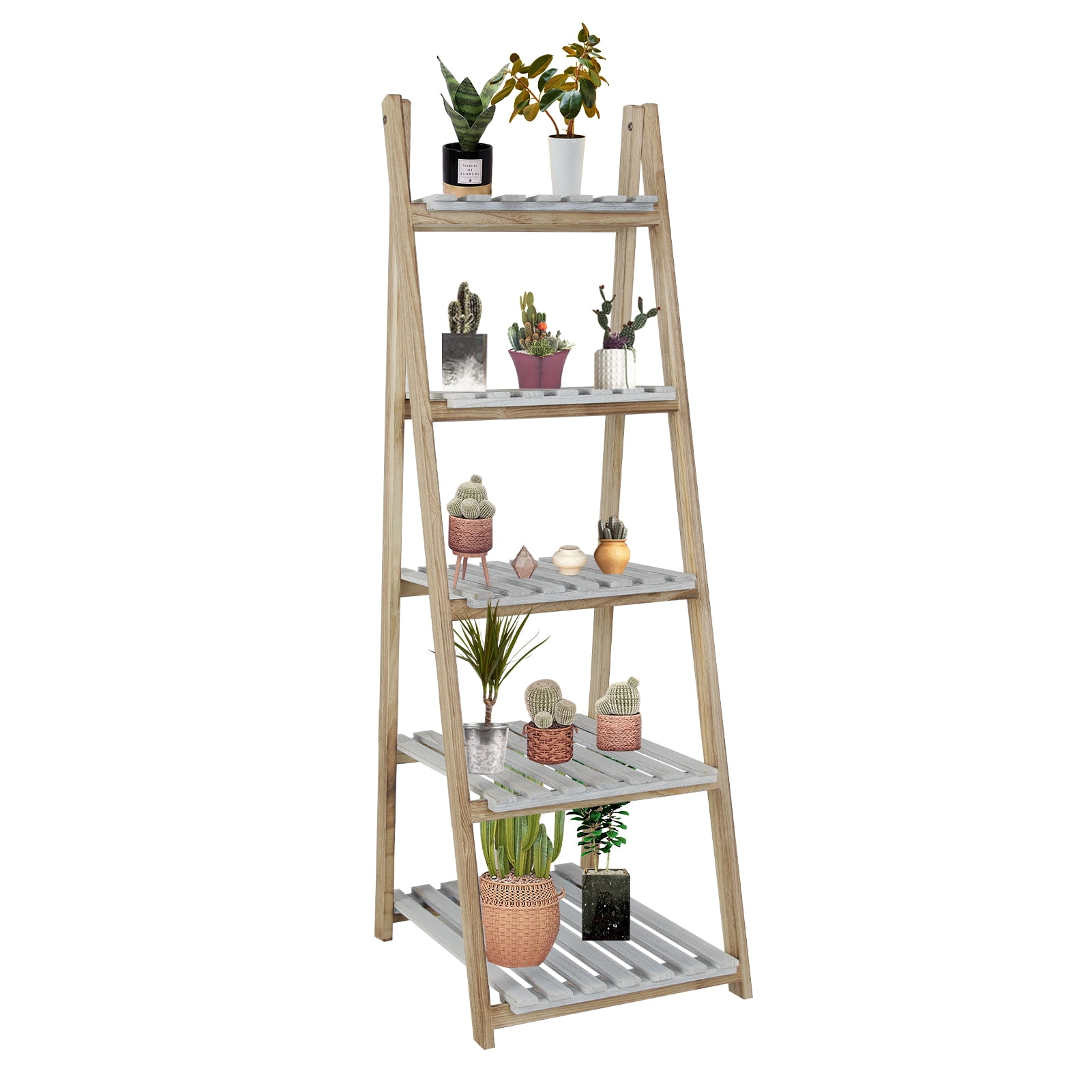 Hofitlead 5 Tier Ladder Shelf,Storage Rack, Wooden Flower rack,Strip ...