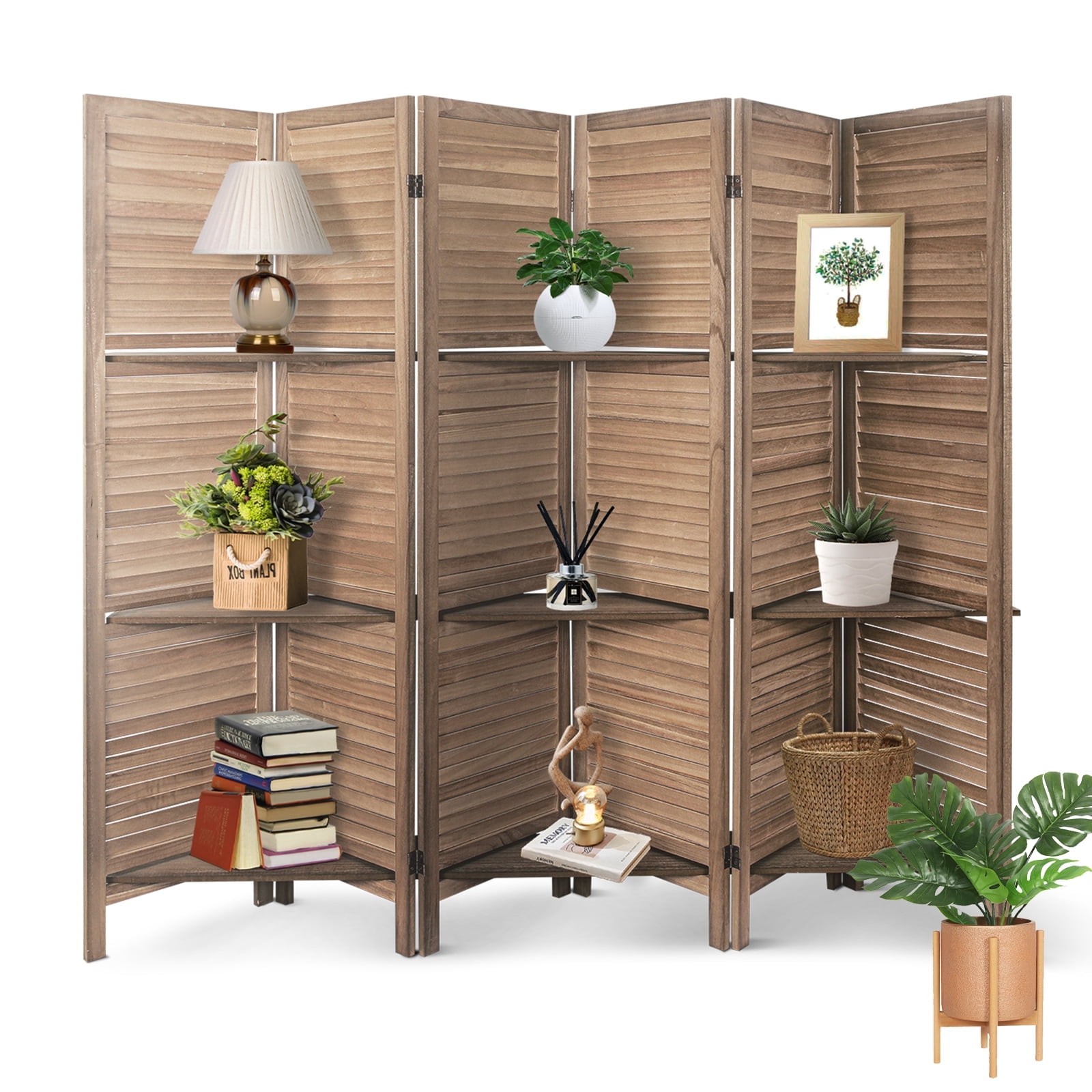 Hofitlead 6 Panel Partition, Wooden Room Divider with Shelves, Privacy ...