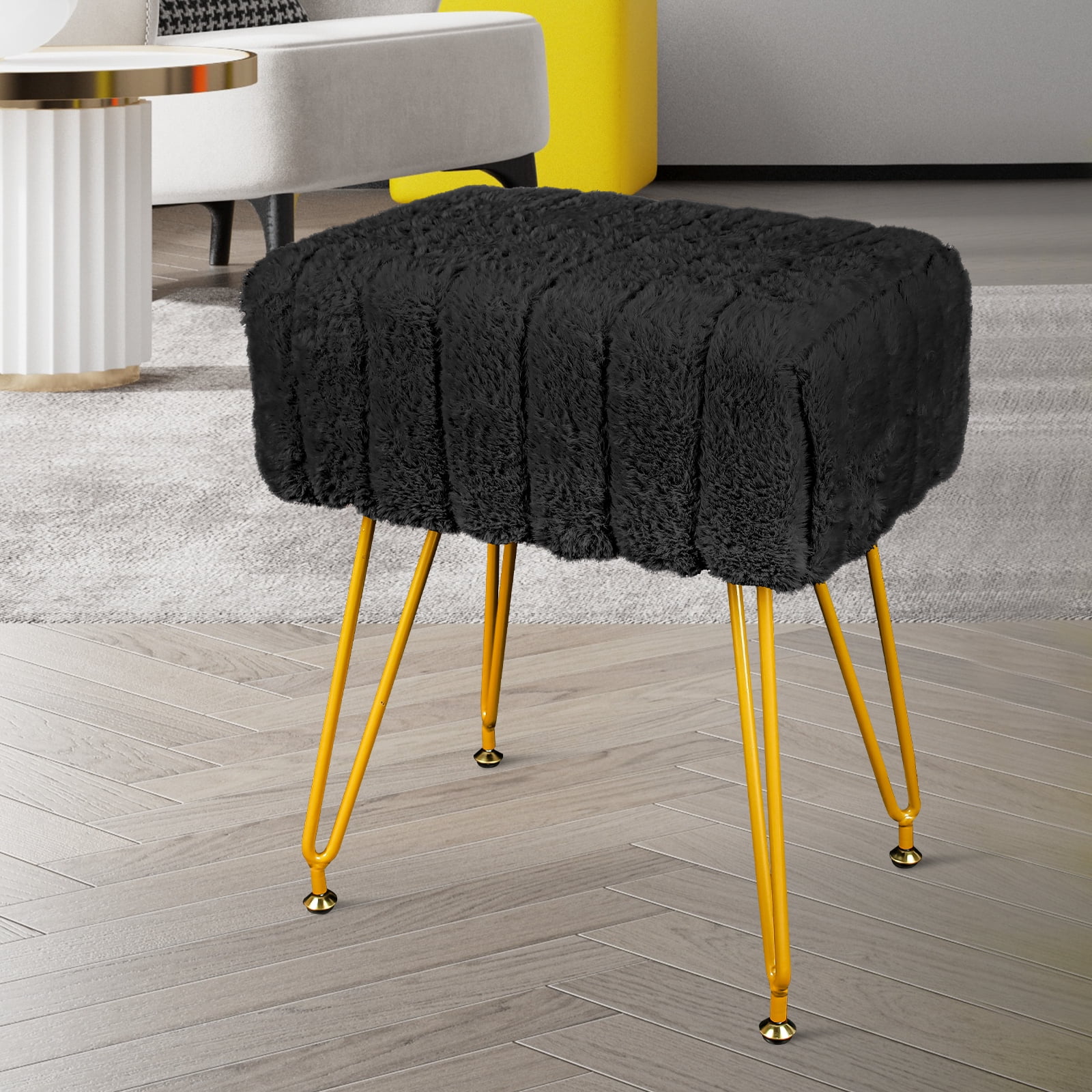 Hofitlead Ottoman Square Footstool, Gold Legs, Faux Mink, Upholstered ...